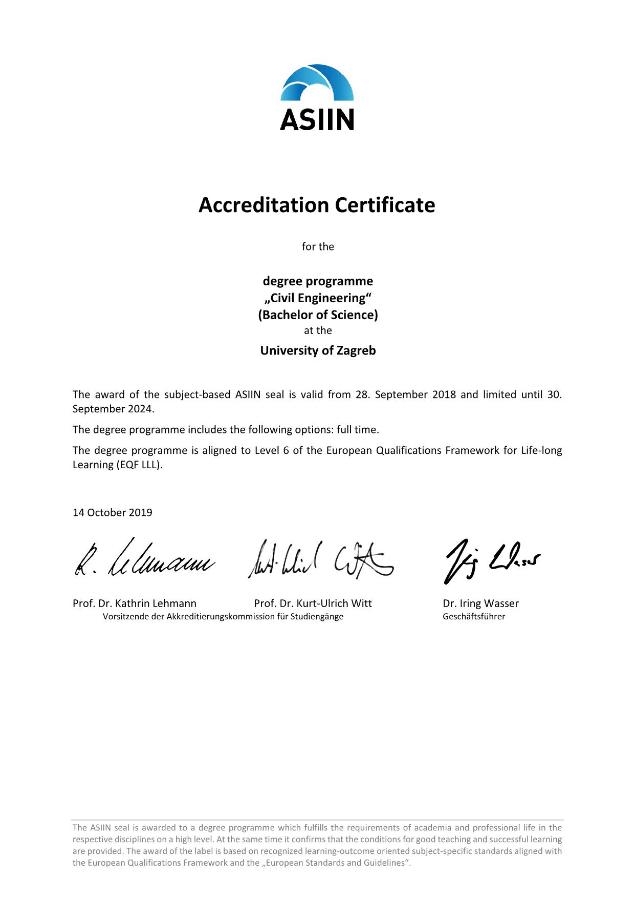 International Accreditation ASIIN - Faculty of Civil Engineering